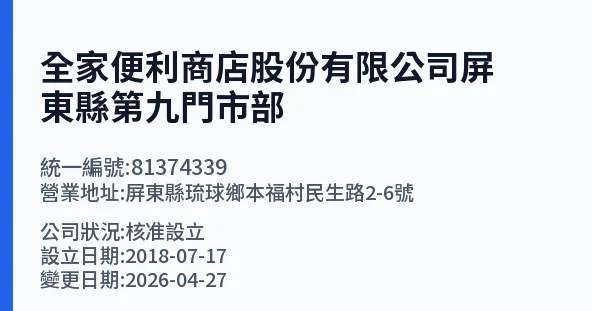 全家便利商店股份有限公司屏東縣第九門市部的照片-統編 81374339(屏東縣) 公司登記資料與營業項目詳細圖表
