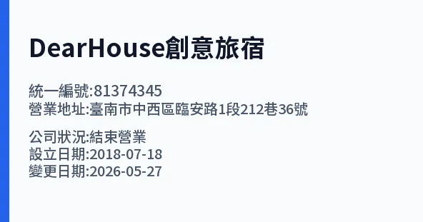 DearHouse創意旅宿的照片-統編 81374345(臺南市) 公司登記資料與營業項目詳細圖表