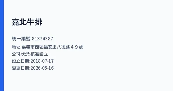嘉北牛排的照片-統編 81374387(嘉義市) 公司登記資料與營業項目詳細圖表