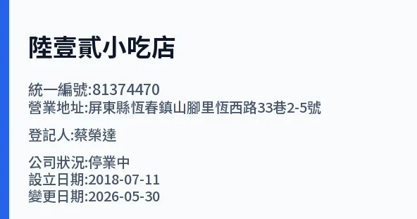 陸壹貳小吃店的照片-統編 81374470(屏東縣) 公司登記資料與營業項目詳細圖表