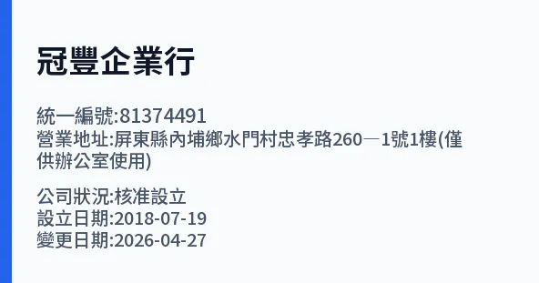 冠豐企業行的照片-統編 81374491(屏東縣) 公司登記資料與營業項目詳細圖表