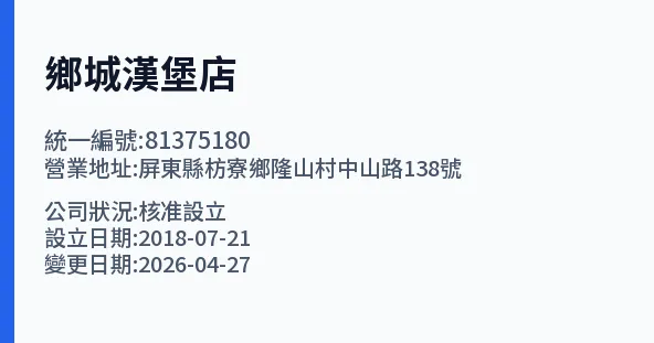 鄉城漢堡店的照片-統編 81375180(屏東縣) 公司登記資料與營業項目詳細圖表