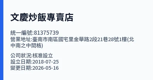 文慶炒飯專賣店的照片-統編 81375739(臺南市) 公司登記資料與營業項目詳細圖表