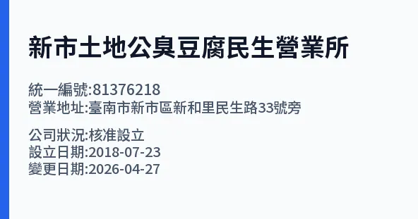 新市土地公臭豆腐民生營業所的照片-統編 81376218(臺南市) 公司登記資料與營業項目詳細圖表