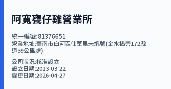 阿寬甕仔雞營業所的照片-統編 81376651(臺南市) 公司登記資料與營業項目詳細圖表