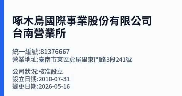 啄木鳥國際事業股份有限公司台南營業所的照片-統編 81376667(臺南市) 公司登記資料與營業項目詳細圖表