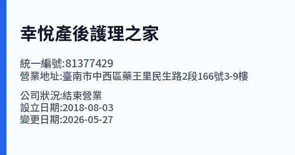 幸悅產後護理之家的照片-統編 81377429(臺南市) 公司登記資料與營業項目詳細圖表