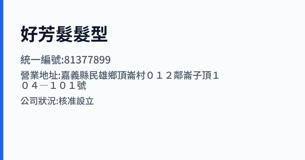 好芳髮髮型 - 統編 81377899(嘉義縣) 公司登記資料與營業項目詳細圖表