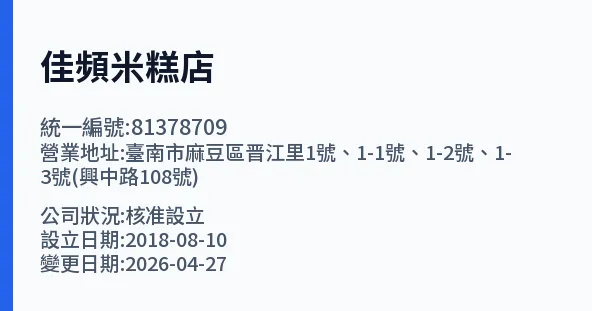 佳頻米糕店的照片-統編 81378709(臺南市) 公司登記資料與營業項目詳細圖表