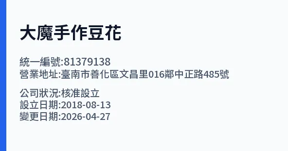 大魔手作豆花的照片-統編 81379138(臺南市) 公司登記資料與營業項目詳細圖表