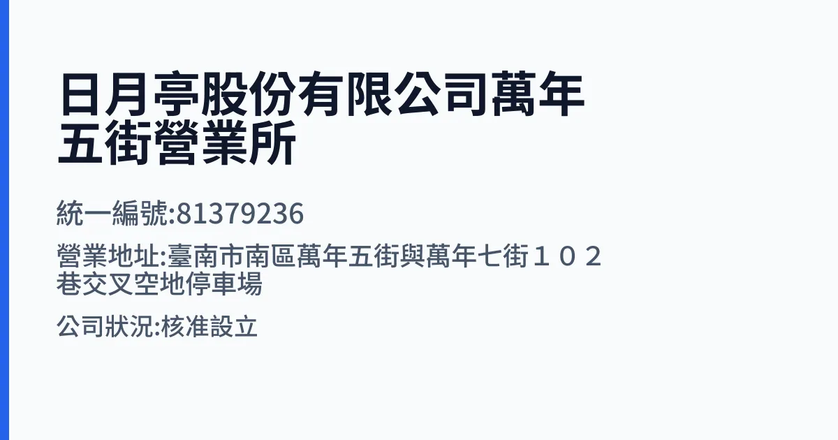 日月亭股份有限公司萬年五街營業所 - 統編 81379236(臺南市) 公司登記資料與營業項目詳細圖表