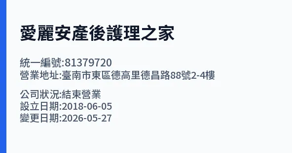 愛麗安產後護理之家的照片-統編 81379720(臺南市) 公司登記資料與營業項目詳細圖表