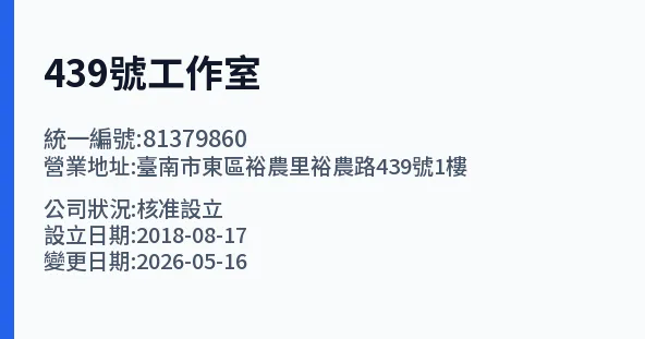 439號工作室的照片-統編 81379860(臺南市) 公司登記資料與營業項目詳細圖表