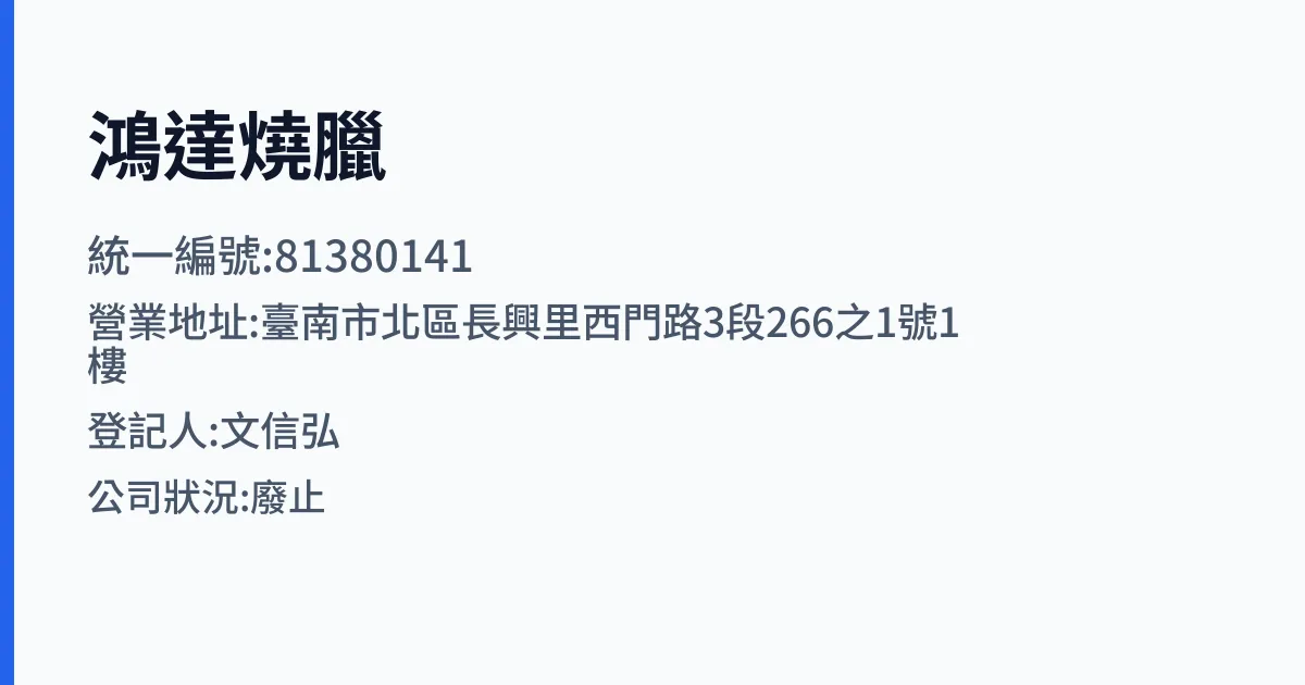 鴻達燒臘 - 統編 81380141（臺南市） 公司登記資料與營業項目詳細圖表
