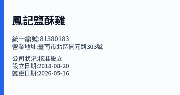 鳳記鹽酥雞的照片-統編 81380183(臺南市) 公司登記資料與營業項目詳細圖表