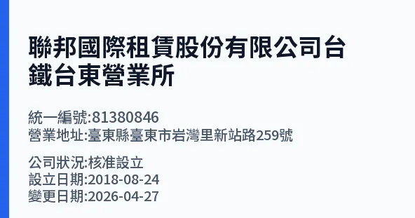 聯邦國際租賃股份有限公司台鐵台東營業所的照片-統編 81380846(臺東縣) 公司登記資料與營業項目詳細圖表