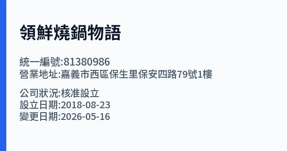 領鮮燒鍋物語的照片-統編 81380986(嘉義市) 公司登記資料與營業項目詳細圖表