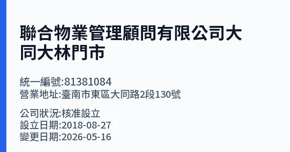 聯合物業管理顧問有限公司大同大林門市的照片-統編 81381084(臺南市) 公司登記資料與營業項目詳細圖表