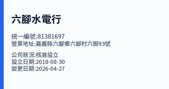 六腳水電行的照片-統編 81381697(嘉義縣) 公司登記資料與營業項目詳細圖表