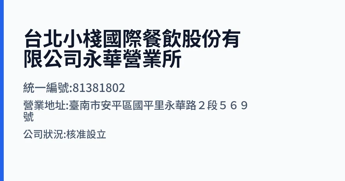 台北小棧國際餐飲股份有限公司永華營業所 - 統編 81381802(臺南市) 公司登記資料與營業項目詳細圖表