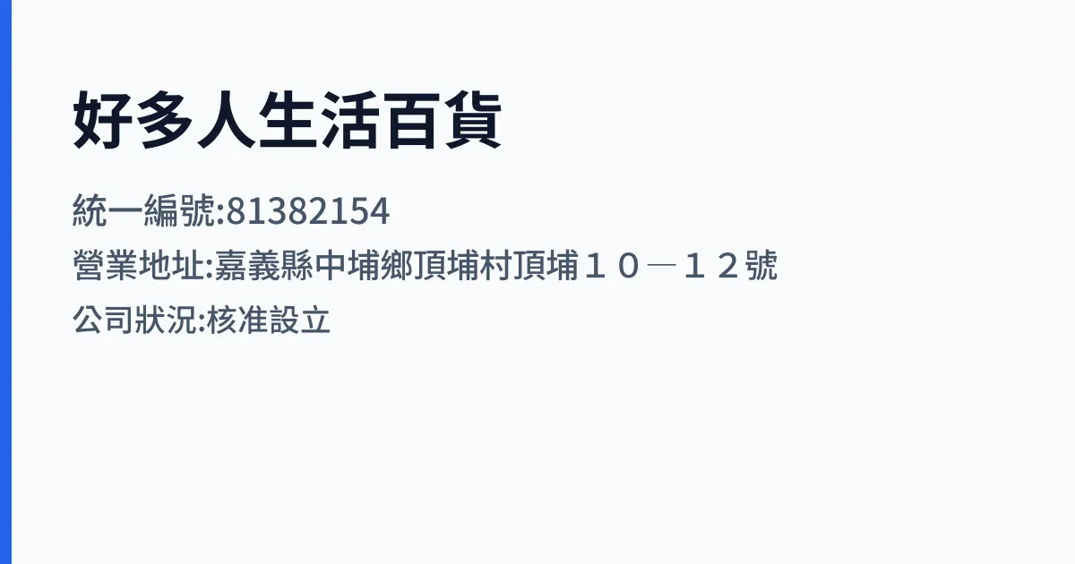 好多人生活百貨 - 統編 81382154(嘉義縣) 公司登記資料與營業項目詳細圖表