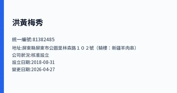 洪黃梅秀的照片-統編 81382485(屏東縣) 公司登記資料與營業項目詳細圖表