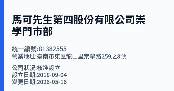 馬可先生第四股份有限公司崇學門市部的照片-統編 81382555(臺南市) 公司登記資料與營業項目詳細圖表