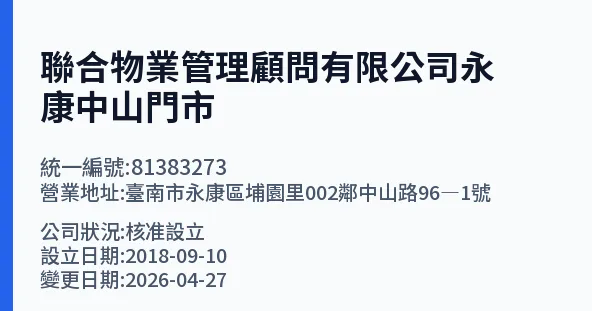 聯合物業管理顧問有限公司永康中山門市的照片-統編 81383273(臺南市) 公司登記資料與營業項目詳細圖表