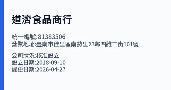 道濟食品商行的照片-統編 81383506(臺南市) 公司登記資料與營業項目詳細圖表