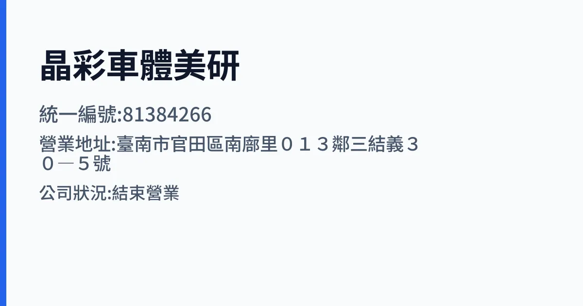 晶彩車體美研 - 統編 81384266(臺南市) 公司登記資料與營業項目詳細圖表