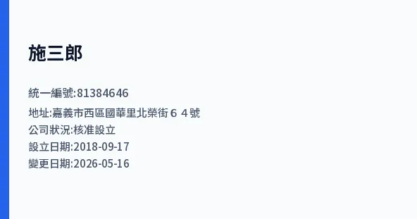 施三郎的照片-統編 81384646(嘉義市) 公司登記資料與營業項目詳細圖表