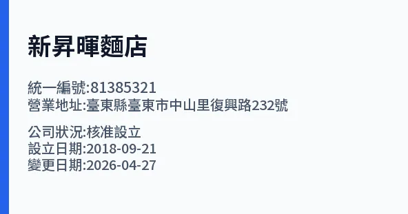 新昇暉麵店的照片-統編 81385321(臺東縣) 公司登記資料與營業項目詳細圖表