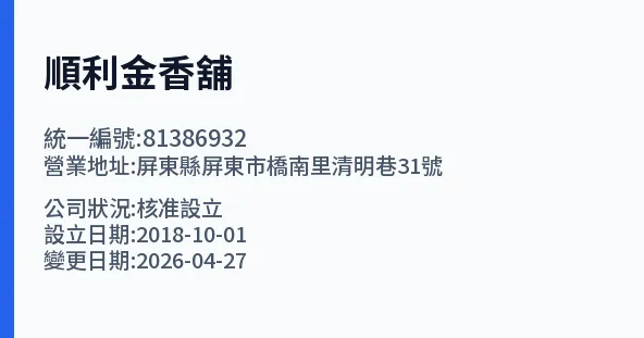 順利金香舖的照片-統編 81386932(屏東縣) 公司登記資料與營業項目詳細圖表