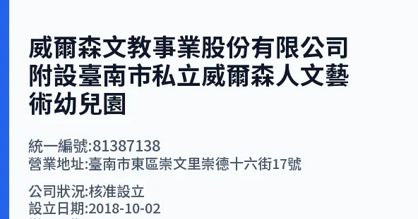 威爾森文教事業股份有限公司附設臺南市私立威爾森人文藝術幼兒園的照片-統編 81387138(臺南市) 公司登記資料與營業項目詳細圖表