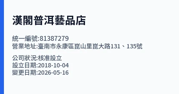 漢閣普洱藝品店的照片-統編 81387279(臺南市) 公司登記資料與營業項目詳細圖表