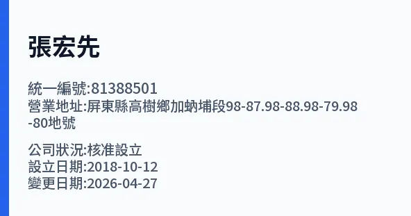 張宏先的照片-統編 81388501(屏東縣) 公司登記資料與營業項目詳細圖表