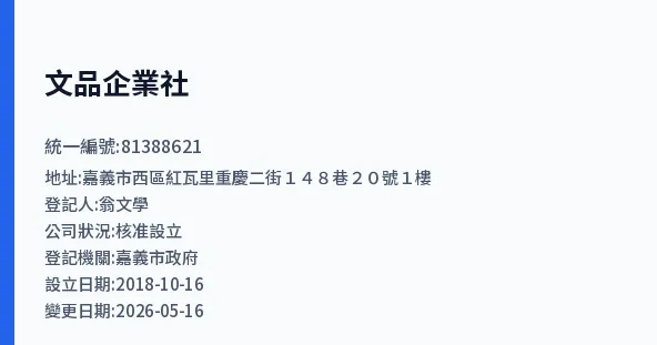文品企業社的照片-統編 81388621(嘉義市) 公司登記資料與營業項目詳細圖表