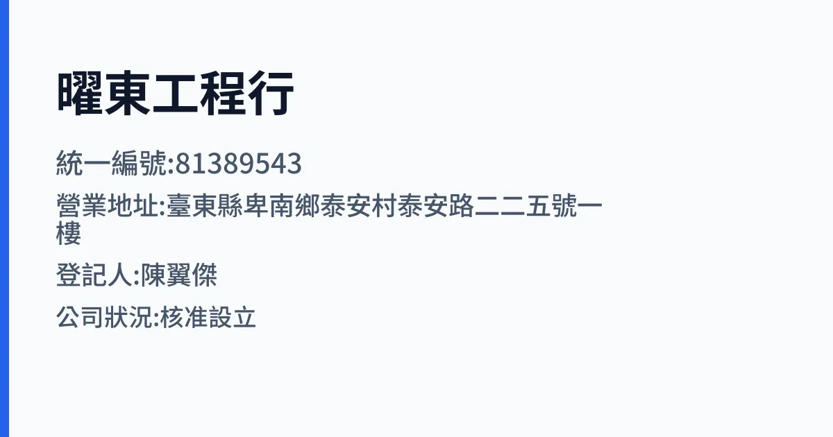 曜東工程行 - 統編 81389543(臺東縣) 公司登記資料與營業項目詳細圖表
