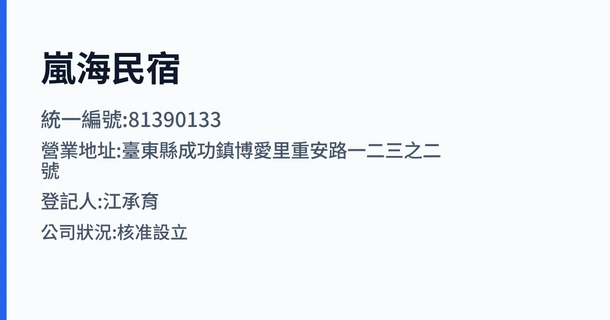 嵐海民宿 - 統編 81390133(臺東縣) 公司登記資料與營業項目詳細圖表