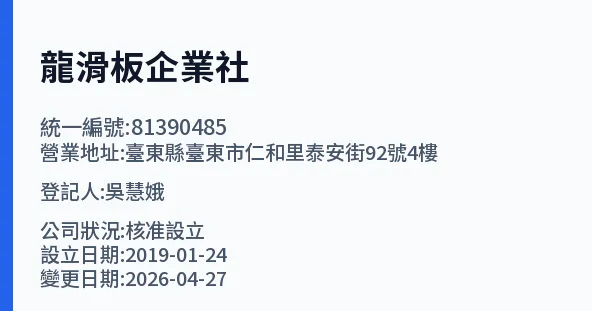 龍滑板企業社的照片-統編 81390485(臺東縣) 公司登記資料與營業項目詳細圖表
