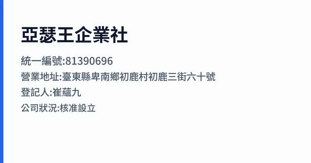 亞瑟王企業社 - 統編 81390696(臺東縣) 公司登記資料與營業項目詳細圖表