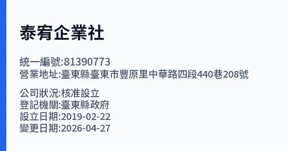 泰宥企業社的照片-統編 81390773(臺東縣) 公司登記資料與營業項目詳細圖表