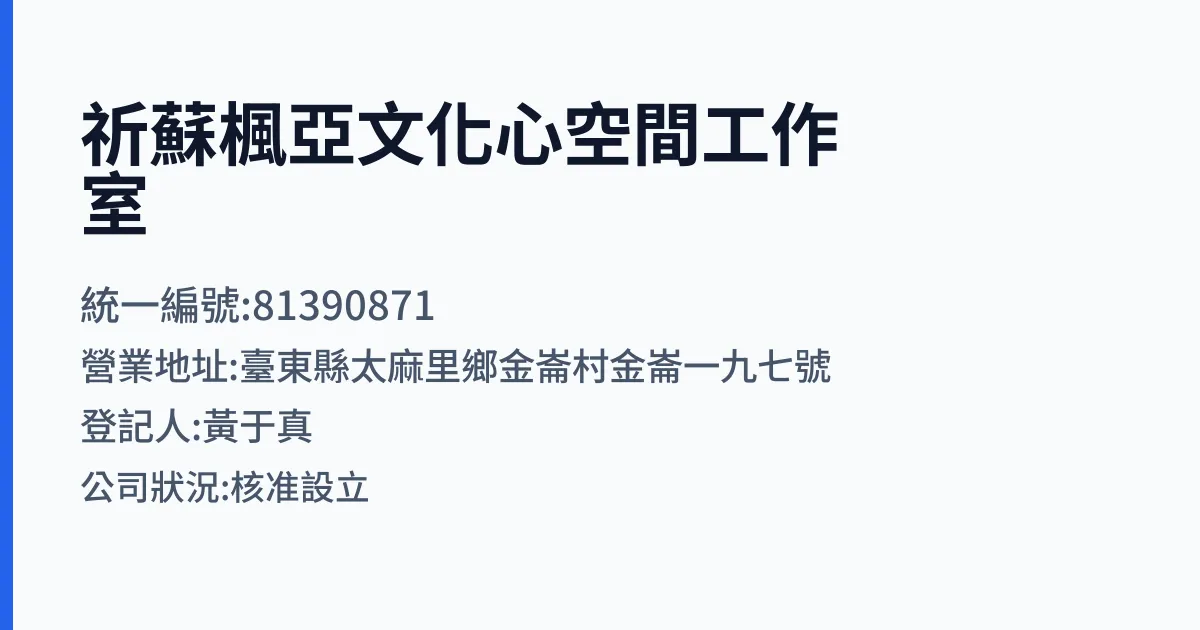 祈蘇楓亞文化心空間工作室 - 統編 81390871(臺東縣) 公司登記資料與營業項目詳細圖表