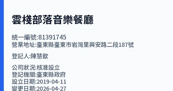 雲棧部落音樂餐廳的照片-統編 81391745(臺東縣) 公司登記資料與營業項目詳細圖表