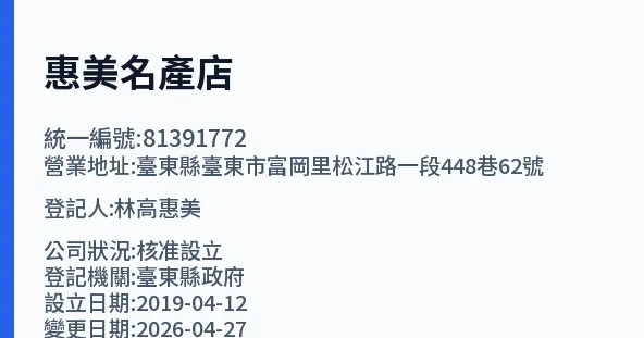惠美名產店的照片-統編 81391772(臺東縣) 公司登記資料與營業項目詳細圖表