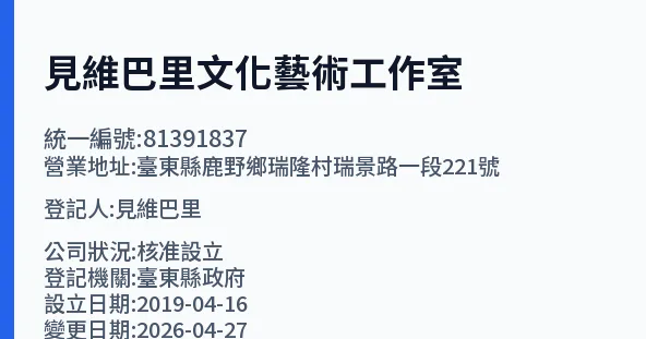 見維巴里文化藝術工作室的照片-統編 81391837(臺東縣) 公司登記資料與營業項目詳細圖表