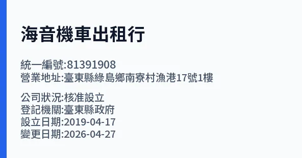 海音機車出租行的照片-統編 81391908(臺東縣) 公司登記資料與營業項目詳細圖表