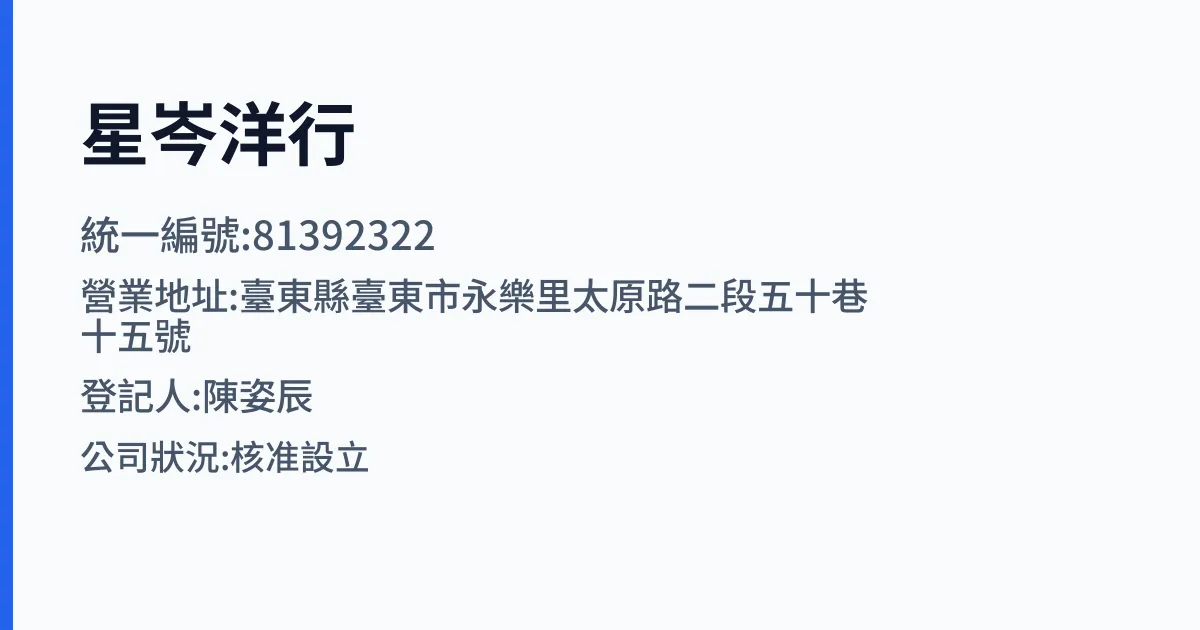 星岑洋行 - 統編 81392322(臺東縣) 公司登記資料與營業項目詳細圖表