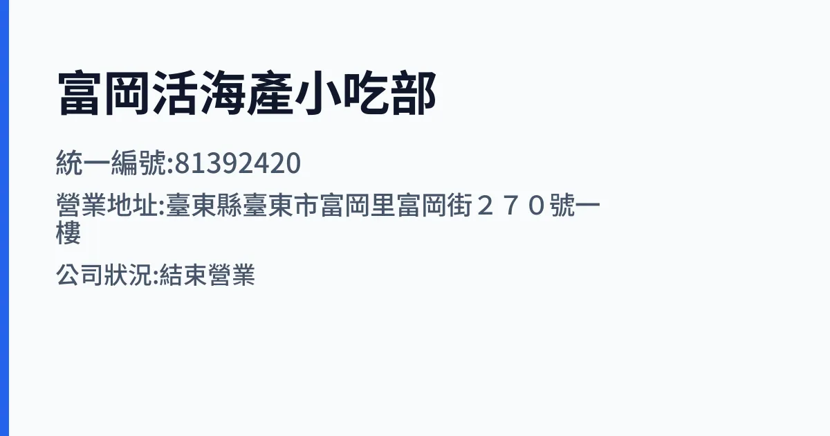富岡活海產小吃部 - 統編 81392420(臺東縣) 公司登記資料與營業項目詳細圖表
