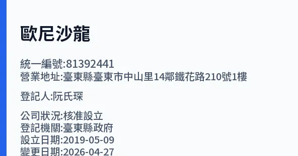 歐尼沙龍的照片-統編 81392441(臺東縣) 公司登記資料與營業項目詳細圖表